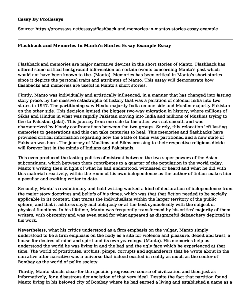 Flashback And Memories In Manto s Stories Essay Example Free Essay