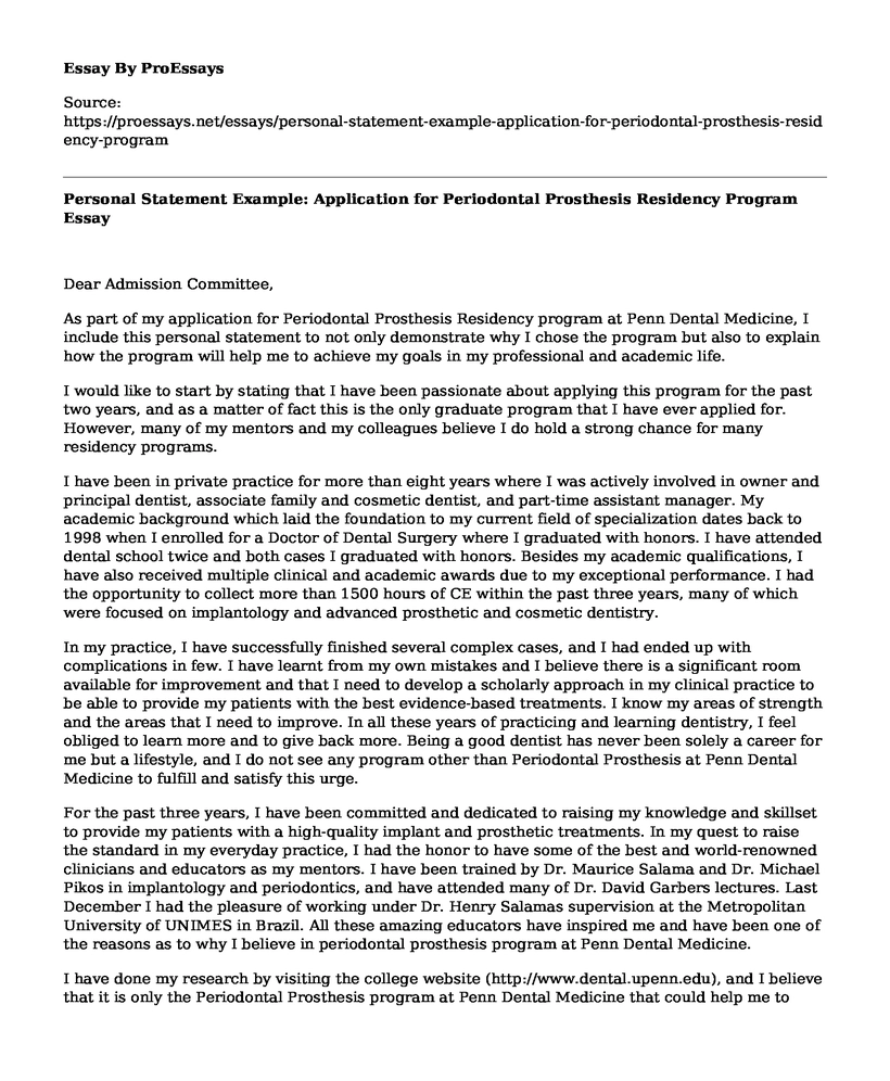 Personal Statement Example Application For Periodontal Prosthesis Personal Statement Example Application For Periodontal Prosthesis