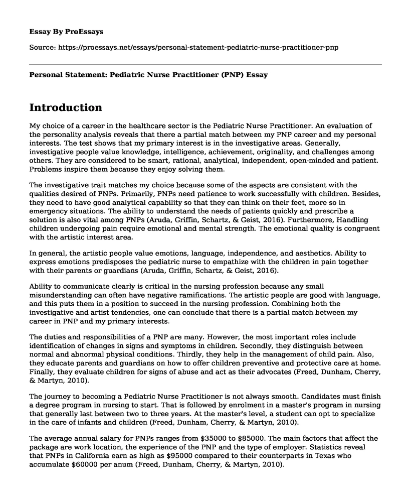  Personal Statement Pediatric Nurse Practitioner PNP Free Essay