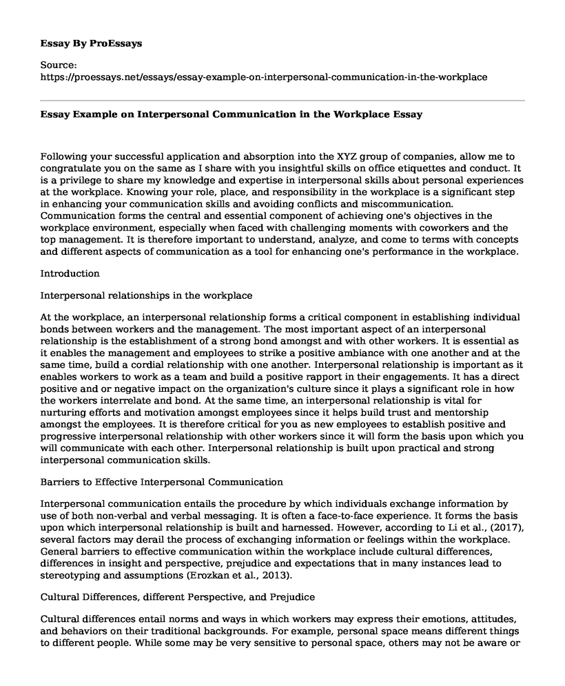 Essay Example On Interpersonal Communication In The Workplace Free Essay Example On Interpersonal Communication In The Workplace Free