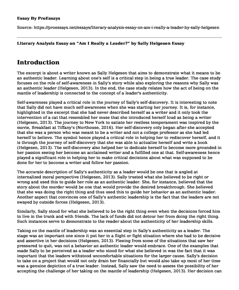  Literary Analysis Essay On Am I Really A Leader By Sally Helgesen